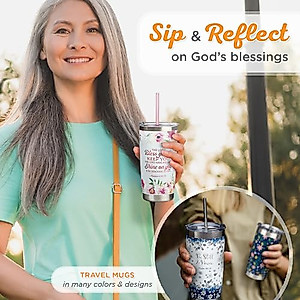 Christian Art Gifts Stainless Steel Double-Wall Vacuum Insulated Tumbler w/Straw & Lid 18 oz Pink Floral Inspirational Bible Verse Travel Mug for Women- Bless You and Keep You -Numbers 6:24-25