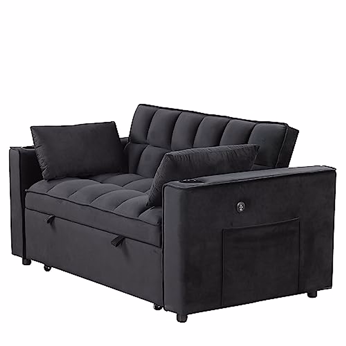 YUNLife Pull Out Sofa Bed Sofabed, Black 55.3" w +Cup Holder and USB Port