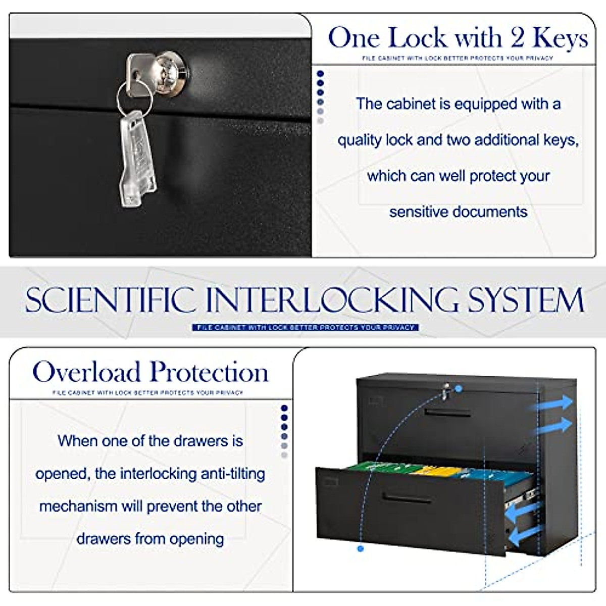 2 Drawer Lateral File Cabinet for Home Office, Filing Cabinets with Lock, Solid Stainless Steel Metal Storage Cabinet for Hanging Legal/Letter/F4/A4 Size Files, Assembly Required (Black)