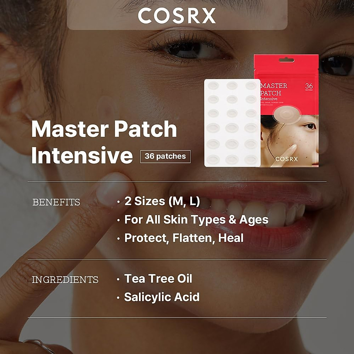 COSRX Master Patch Intensive 36 Patches | Oval-Shaped Hydrocolloid Pimple Patch with Tea Tree Oil | Quick & Easy Blemish, Zit, Spot Treatment | Salicylic Acid & Tea Tree Oil | Korean Skin Care