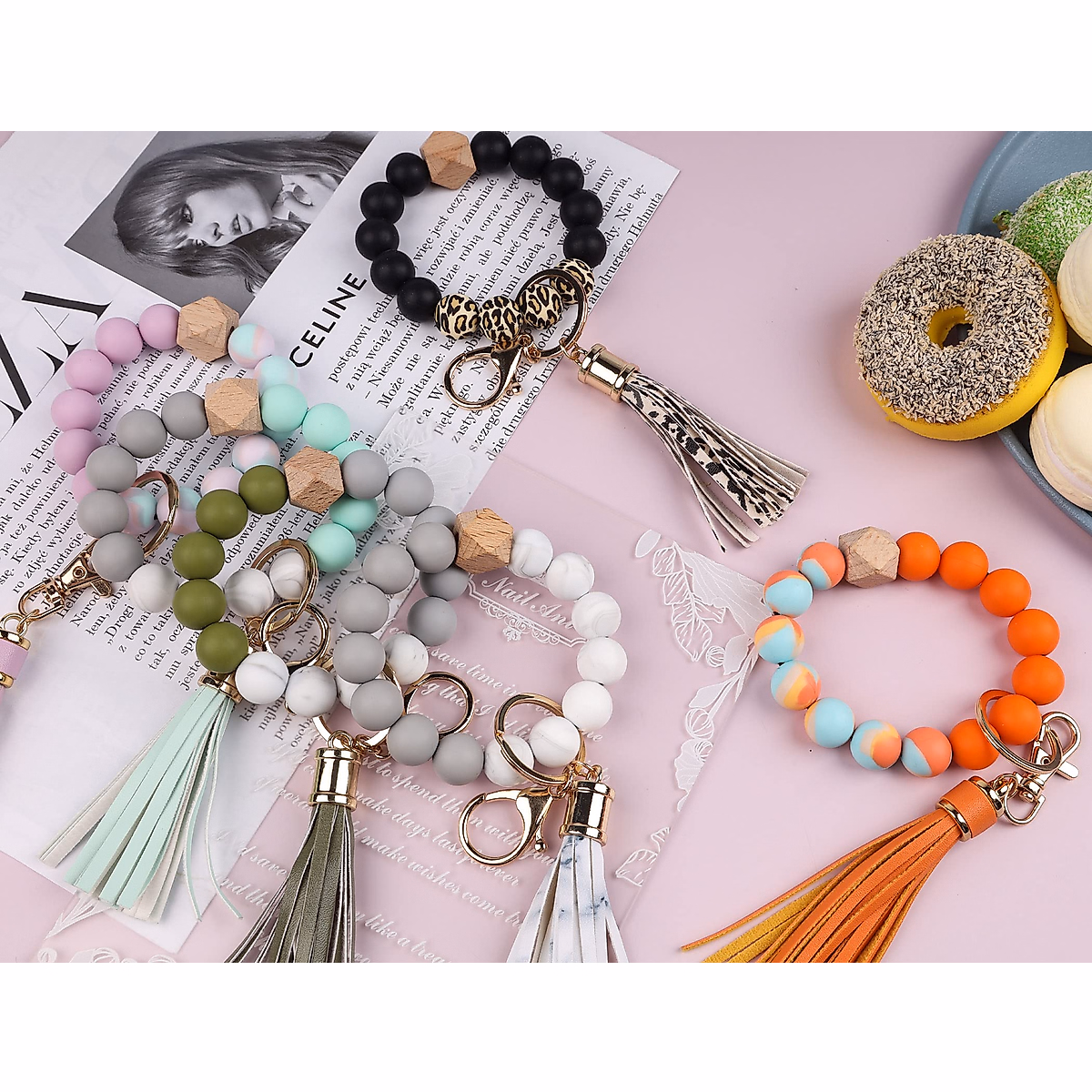 GIEMSON Silicone Key Ring Bracelets Wristlet Keychain Car Beaded Key Ring Bangle Chains for Women（Leopard）