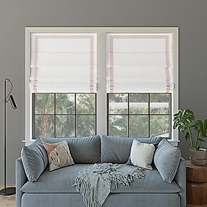 Sun Zero Marline Pink Ribbon Border Stripe 100% Blackout Cordless Roman Shade, 35" x 64", Pink/White
