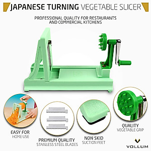 Vollum Japanese Turning Vegetable Spiralizer, Veggie Spiralizer For Fresh Zucchini, Squash, Butternut Squash with 1 Straight-Edged Blade and 3 Serrated Blades