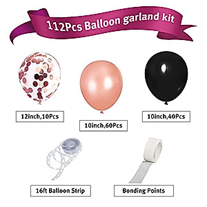 Black Rose Gold Balloon Garland Arch Kit, 112pcs Black and Rose Gold Party Decorations, Latex Confetti Balloon Garland Party Supplies for Birthday Wedding Bridal Baby Shower Graduations Retirement