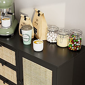 IKIFLY Rattan Sideboard Buffet Cabinet, Boho Rattan Storage Cabinet with 3 Drawers and 2 Doors, Accent Console Table Cabinet for Living Room, Kitchen, Dining Room, Entryway - Black