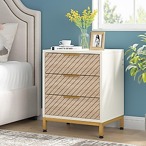 Tribesigns Night Stands for Bedrooms, White and Gold Light Wood Grain Nightstands with 3 Drawers Bedside End Tables Storage for Bedroom