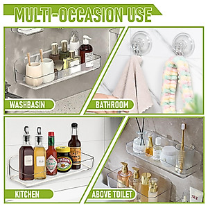 JJunLiM Acrylic shower organizer, Adhesive Clear Acrylic shelves for bathroom Organizer,Transparent No Drilling Wall Mount Shower Rack Storage with Soap Holder and Hooks (Transparent, Long,set of 4)