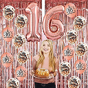 Sweet 16 Birthday Decorations Girls - (76pack) Rose Gold Party Banner, Pennant, Hanging Swirl, Birthday Balloons, Foil Backdrops, Cupcake Topper, Plates, Photo Props, Sash, Happy 16th Birthday Gifts