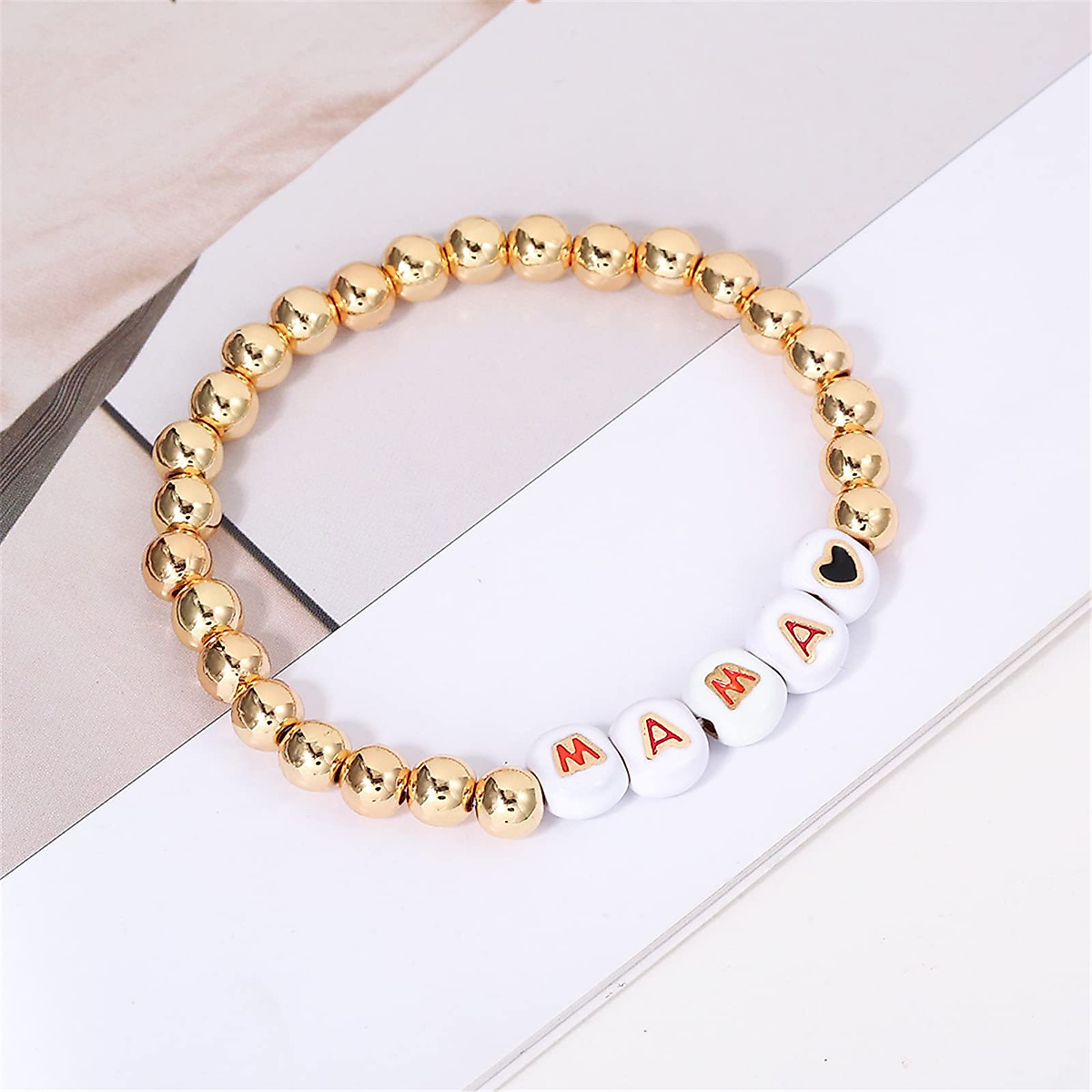 14K Gold Plated Beaded Bracelets Letter Stretch Dainty Stackable Bracelet for Women