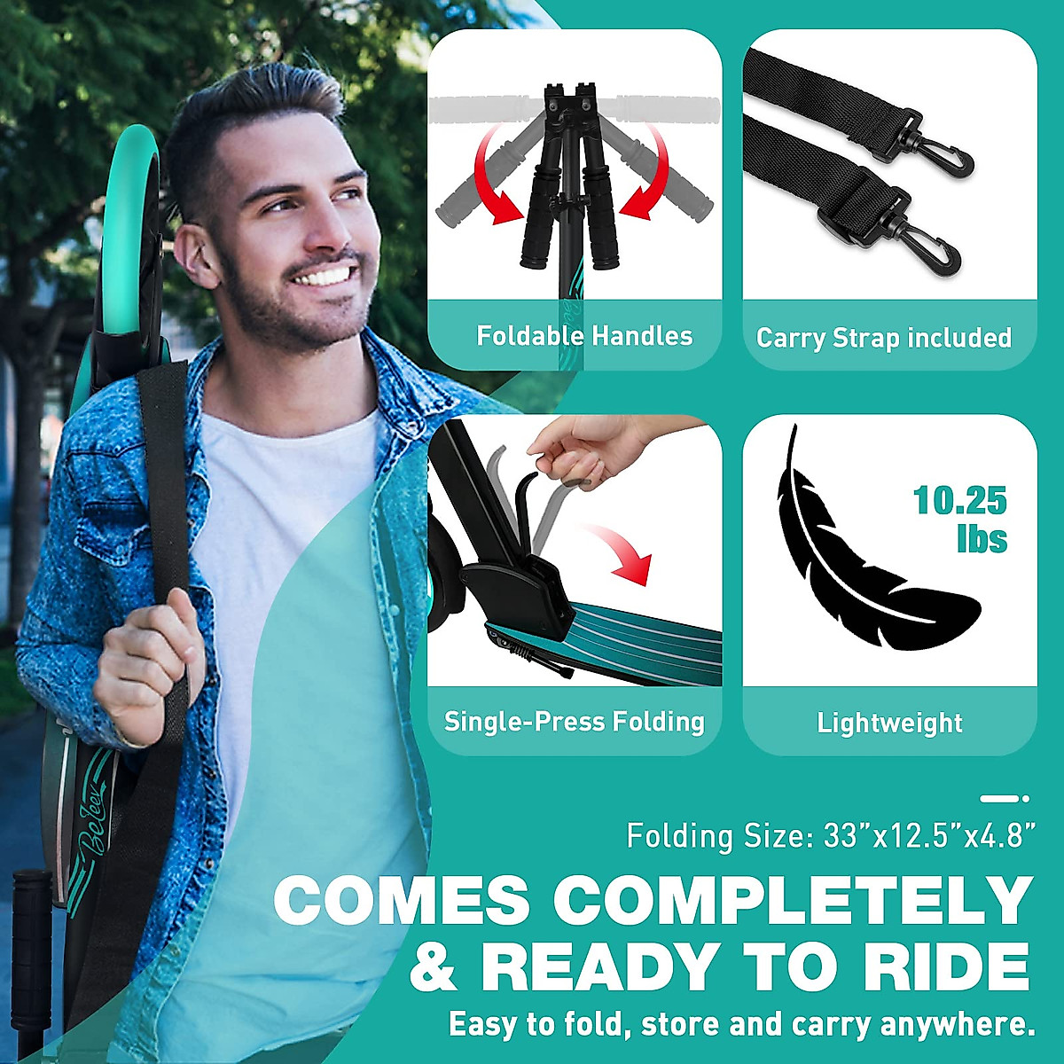 BELEEV V5 Scooters for Kids 6 Years and up, Folding Kick Scooter 2 Wheel for Adults Teens, 4 Adjustable Handlebar, 200mm Big Wheels, Lightweight Sports Commuter Scooter(Teal)