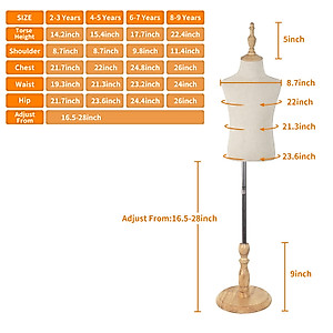 Kid Dress Form with Wooden Base, Mannequin Child Display Body Bust Forms Maniki, 4-5 Years Old