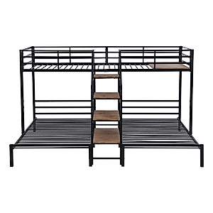 SOFTSEA L-Shaped Triple Bunk Bed for 3 Kids Twin Over Two Twin Metal Bunk Bed Frame with Storage Shelves Staircase, No Box Spring Needed