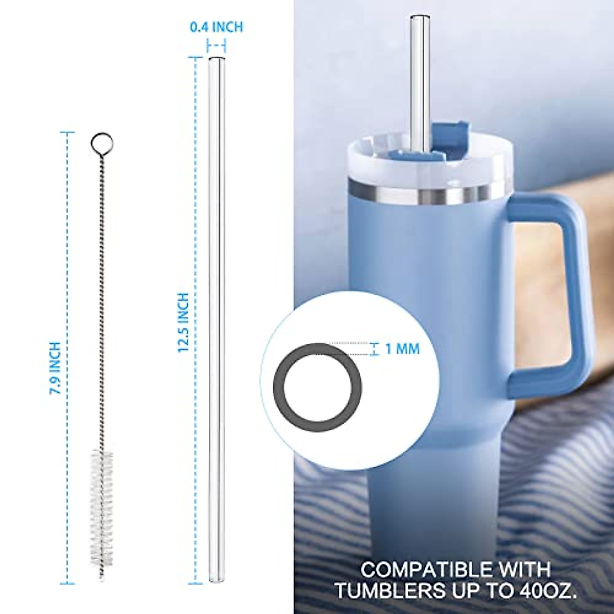 8 Pack Replacement Straws Compatible with Stanley Adventure Travel Tumbler, Reusable Plastic Straws with Cleaning Brush, Compatible with Stanley 40 oz Cup Accessories（12.5inch Long） (8 Pack)