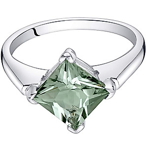 PEORA Green Amethyst Engagement Ring in Sterling Silver, Classic Designer Solitaire, Princess Cut, 7mm, 1.50 Carats, Comfort Fit, Size 6