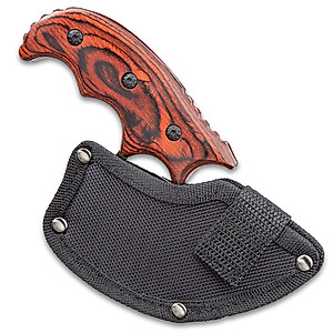Ridge Runner Modified Ulu Knife with Sheath - Non-Reflective Curved Stainless Steel Blade, Reddish-Brown Wooden Handle Scales, Nylon Belt Sheath -Unique Blade for Hunters - 6 1/2" Overall