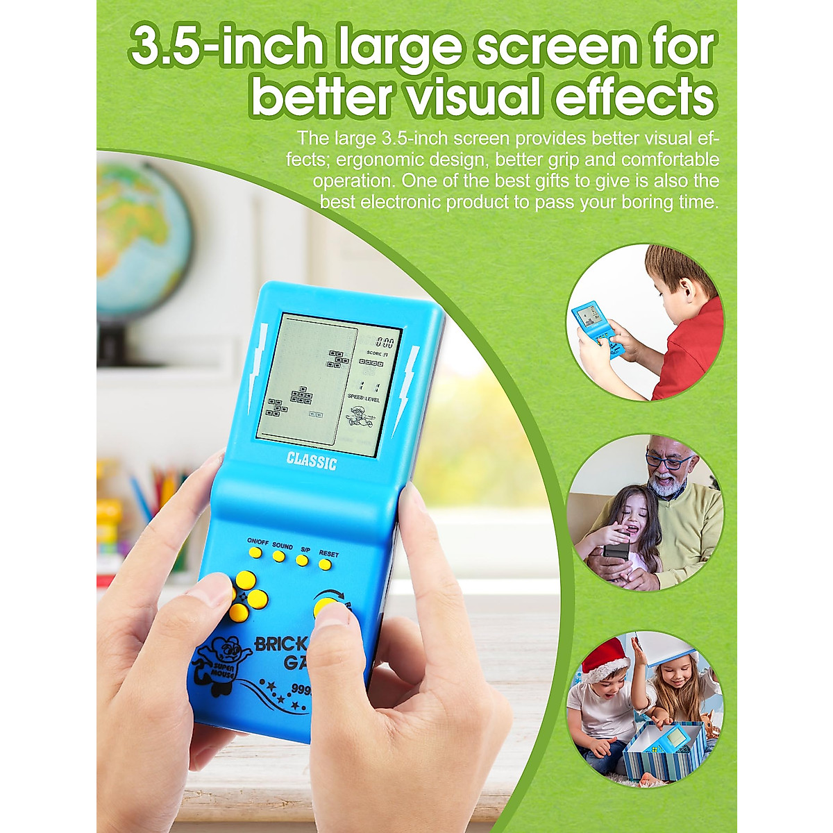 HLF 3.5-inch Large Screen Retro Brick Game Console for The 80s/90s Building Block Game Racing/Tank Game Built-in 23 Classic Games Nostalgic Puzzle Children's Game Console (Blue)