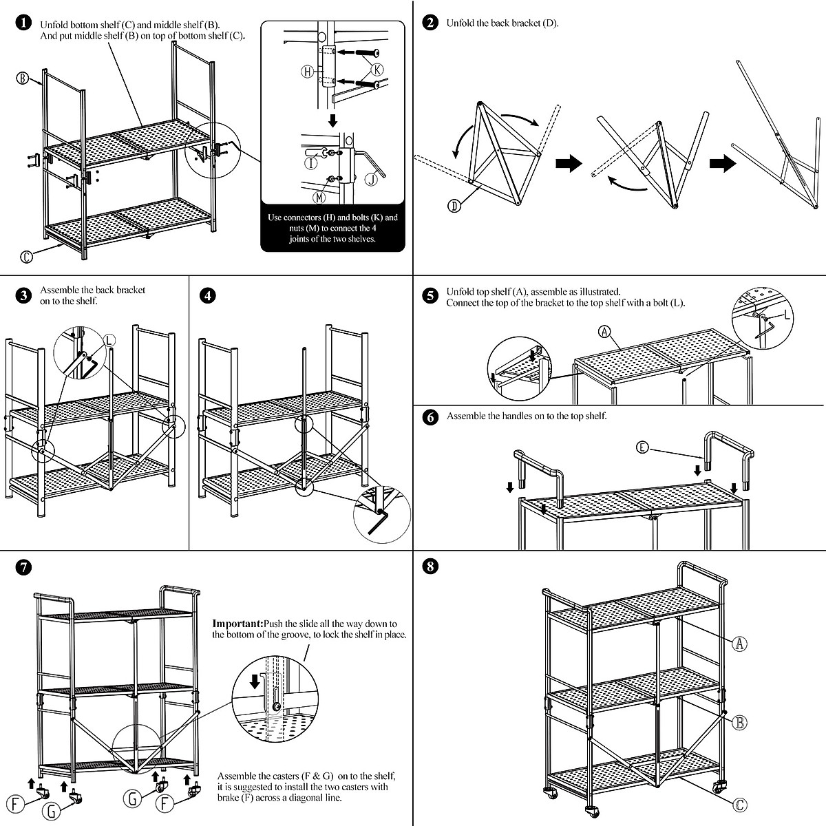 3 Tier Rolling Utility Cart - Metal Folding Cart with Wheels, Collapsible Service Cart Storage Shelf Rack for Kitchen, Office, Garage, Plant, Outdoor cart