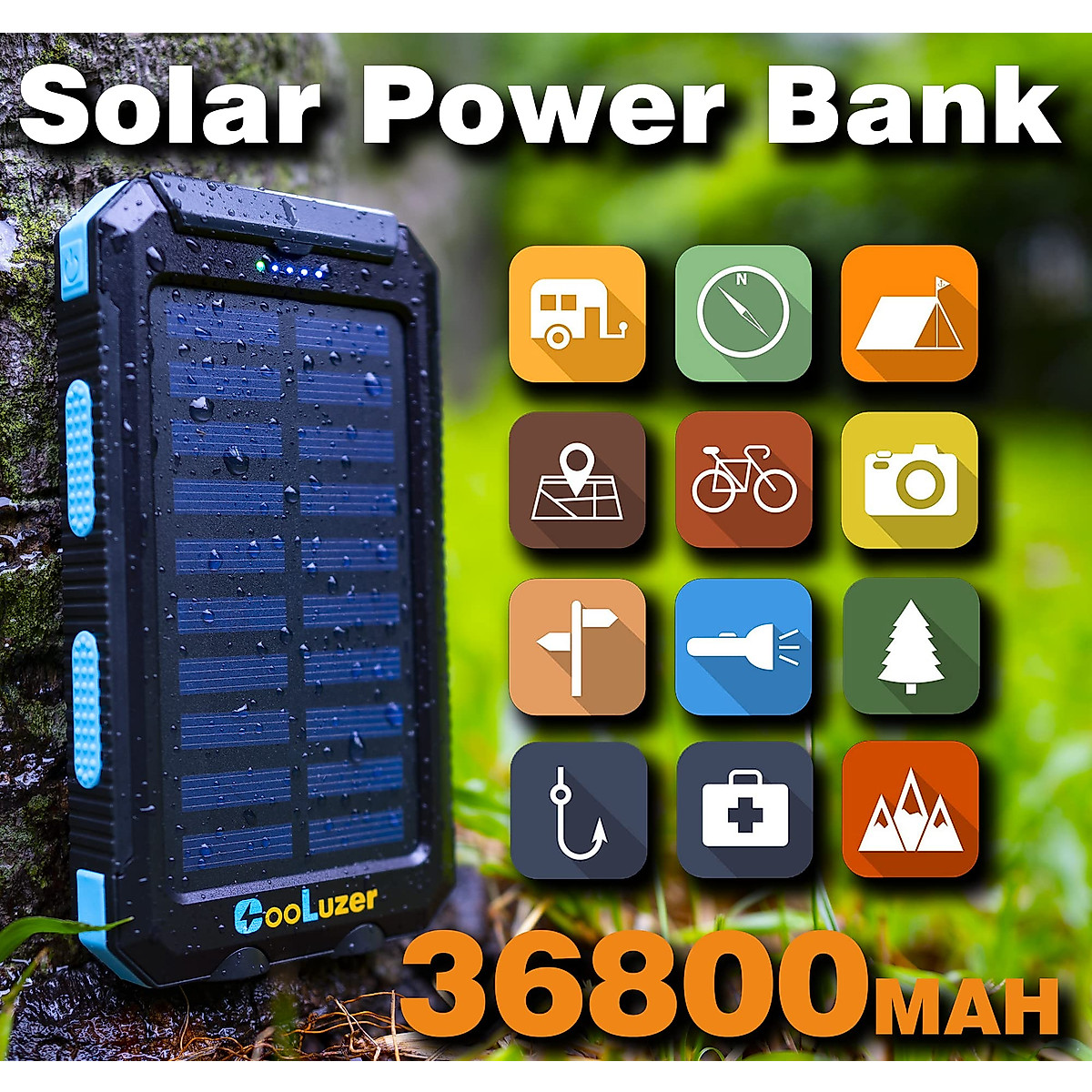 Solar Power Bank 36800mah, Solar Charger Power Bank with 18W PD 5V 3.1A outputs, IP67 Waterproof, Grade A+ Battery with LED Flashlight and Compass, Perfect Camping Gear Accessory for Outdoor (Blue)