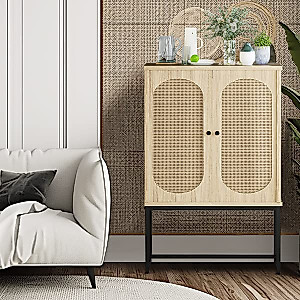 Lamerge Rattan Cabinet,2 Door Sideboard Buffet Cupboard Accent High Cabinet with Natural Rattan,Free Standing Bookmatch,Adjustable Shelves,Easy Assembly,Rustic Oak Beige (LRC-ob)