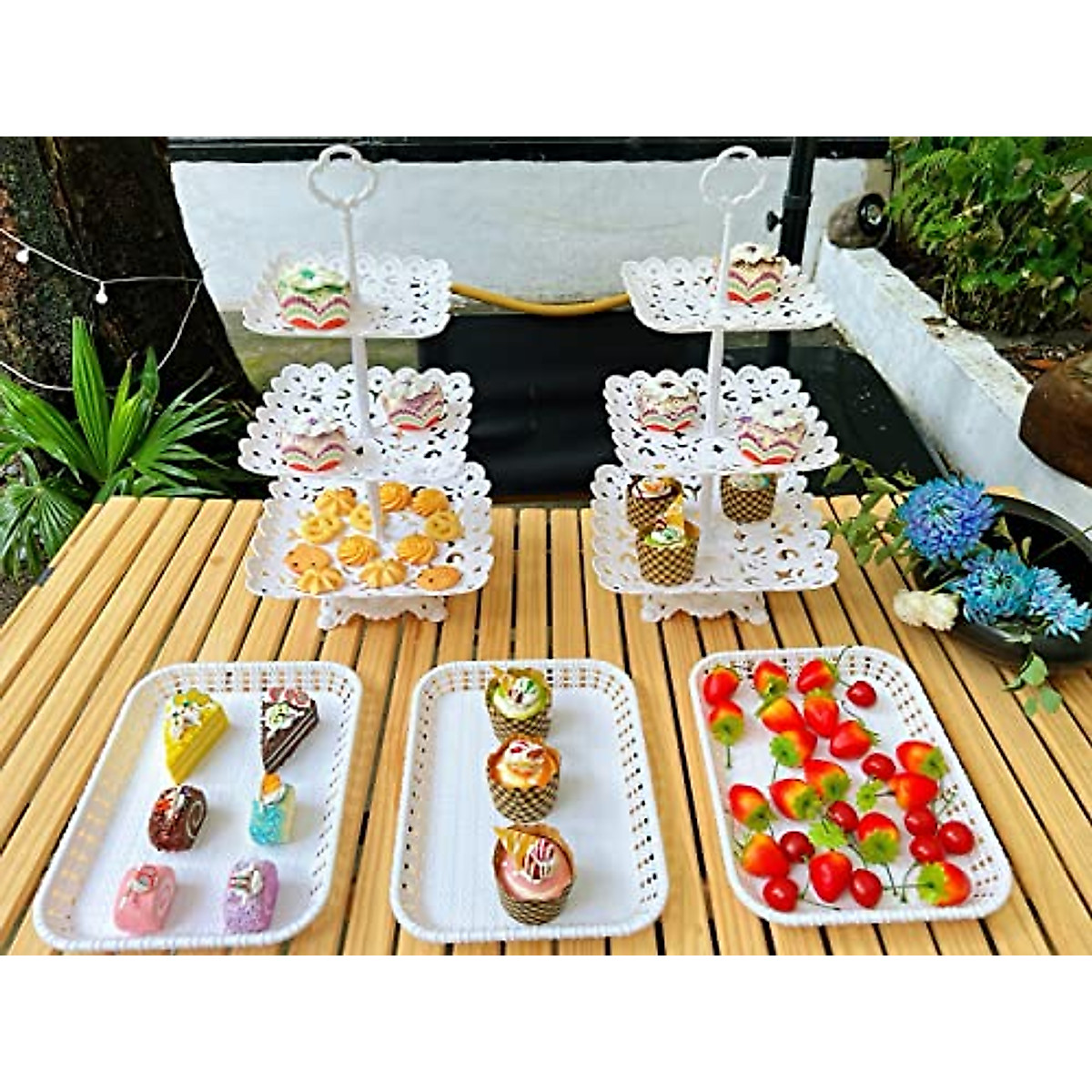 5 Pieces Dessert Stand Set Includes 2 Pack of 3-Tier Plastic Cupcake Stand & 3 Pack of Rectangle Serving Tray Reusable Platters Cupcake Holders for Wedding Baby Shower Tea Party Birthday Party