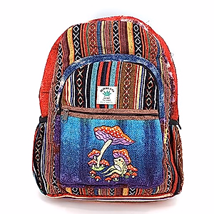 Unique Frog & Mushroom Embroidered Himalaya Hemp Hippie Backpack Festival Backpack FAIR TRADE Handmade with Love. (LARGE)