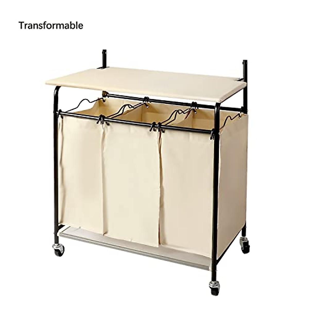 MYOYAY 3 Section Laundry Sorter with Garment Hanging Bar Rack Foldable Ironing Board, Laundry Basket Organizer Heavy Duty Laundry Hamper Rolling Cart with Lockable Wheels and 3 Removable Bags