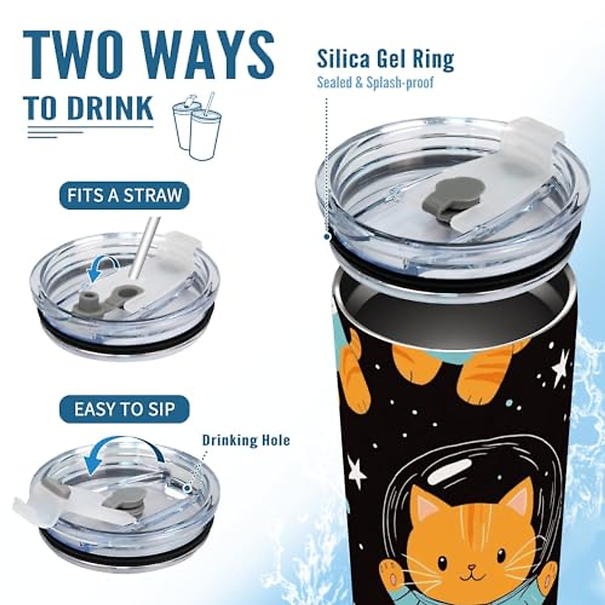 QWEUIOP 20oz Insulated Travel Coffee Mug Cute Cartoon Cats Stainless Steel Tumbler with Lid Double Wall Vacuum Coffee Cup For Hot and Cold Drinks14089