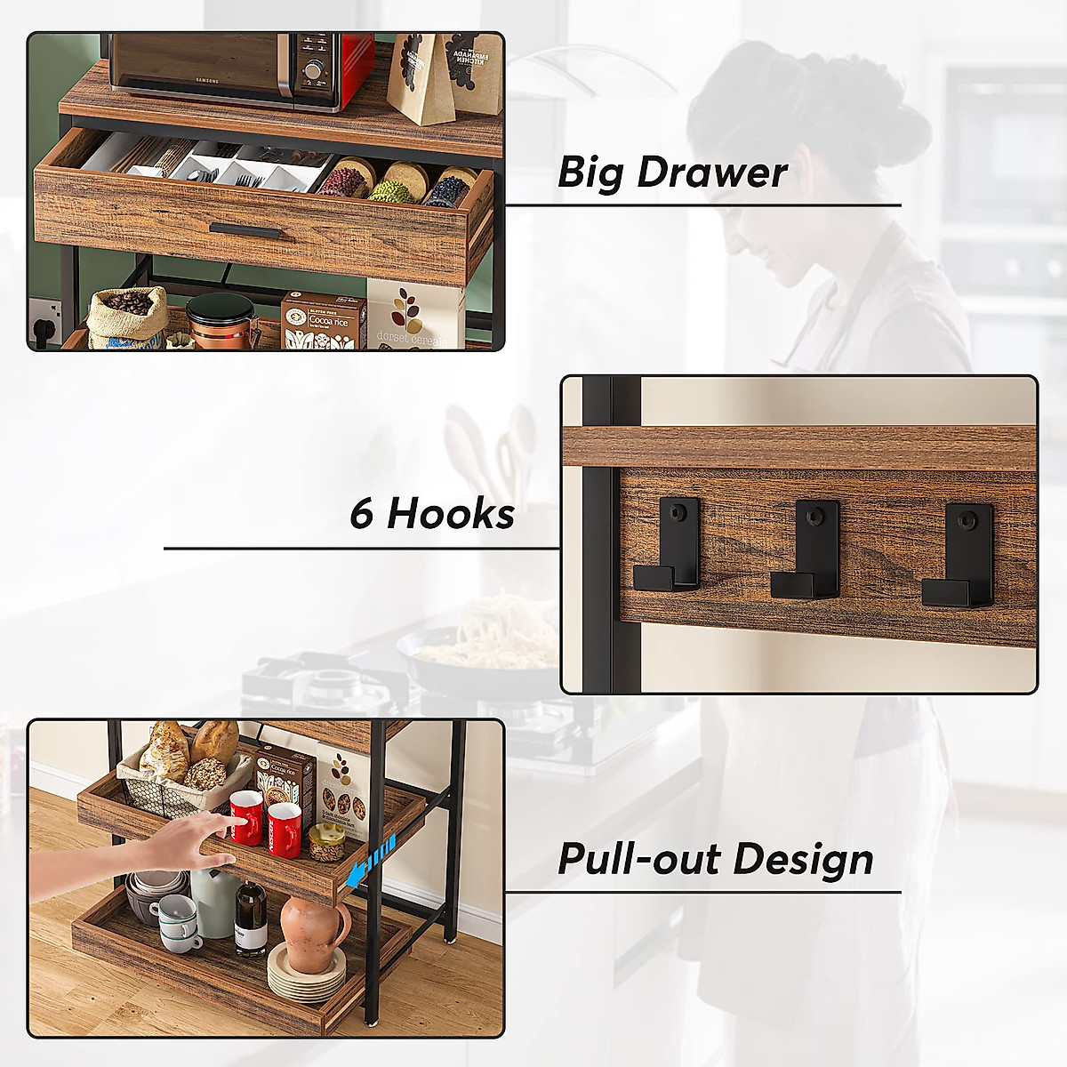 Tribesigns Kitchen Bakers Rack with Power Outlets, 5-Tier Microwave Oven Stand with Drawer and Sliding Shelves, Freestanding Coffee Bar, Kitchen Storage Shelf with 6 Hooks, Rustic Brown