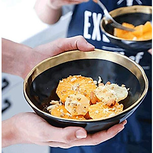 KKGUD Vintage Ceramic Cereal Bowls for Soup Cereal Rice Salad Noodles- Elegant Gold Edged Design, Black, Set of 2 (7.8 inches)