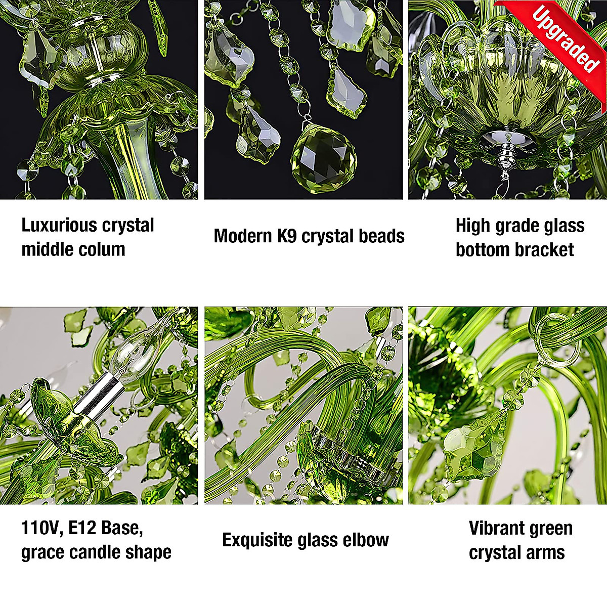 Green K9 Crystal Candle Chandeliers Lighting Modern Pendant Lights Ceiling Fixture Lamp for Dining Living Room Bedroom Hallway Entry Elegant Decoration 8 Lights E12 Base, H20.5 x W28.3 Inch (Upgraded)