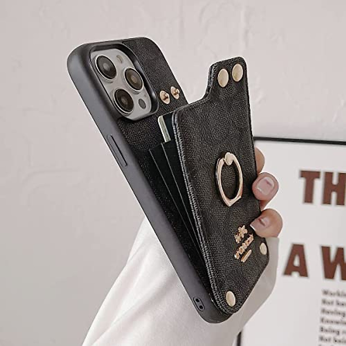 Luxury Wallet Case with Designed Leather and Card Holder, 360°Rotation Ring Kickstand, RFID Blocking Protective for Apple iPhone 13 Pro Max 6.7''（Black）