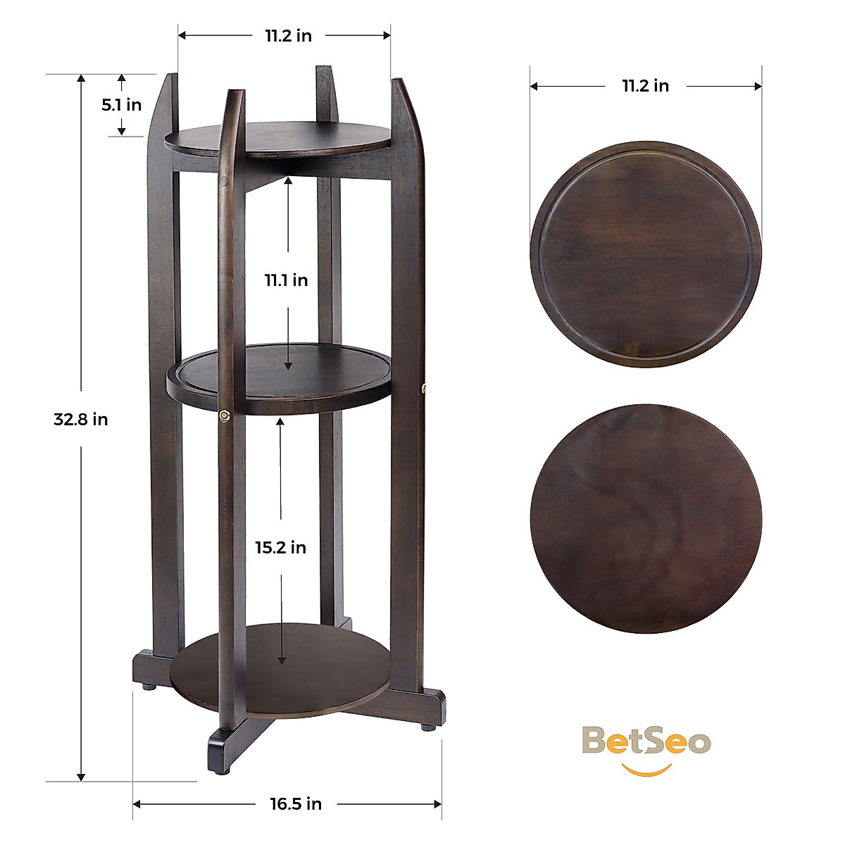 BETSEO Natural Solid Wood Water Dispenser Floor Stand (32.8" Hight-11.2" Wide) Drink Dispenser Floor Stand with 3 Round Shelfs Included for 1-5 Gallon Water Bottles/Crocks, Water Jug (Walnut Color)