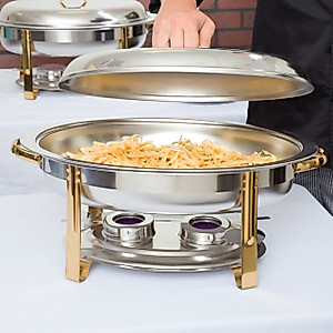 TrueCraftware 6 Qt. Half Size Stainless Steel Gold Accented Oval Chafing Dish Complete Set- Chafers and Buffet Warmer Sets for Catering Event Party Holiday Buffet Weddings Catering