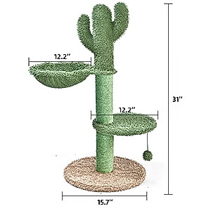 BOLUO Cat Scratching Post with Hammock for Indoor Cats Scratcher Posts Tall Cute Catcus Cat Tree Toy Kitten Sisal Rope Scratch Dangling Ball 31 Inch