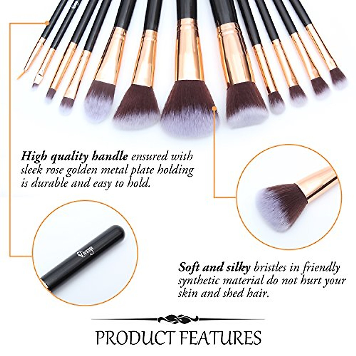 Qivange Makeup Brushes, Professional Foundation Eyeshadow Blending Brushes Set with Brush Holder+ Sponge & Brush Cleaner(Black with Rose Gold, 12pcs)