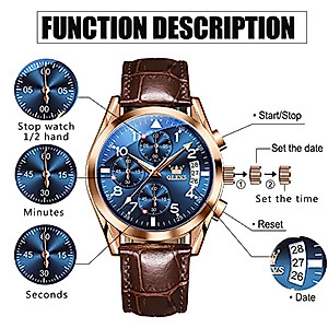 OLEVS Men's Wrist Watches, Waterproof Chronograph Quartz Sportes Men Watch for Father Husband Boyfriend Son Father's Day Gifts, Blue Dial, ROUND, Business
