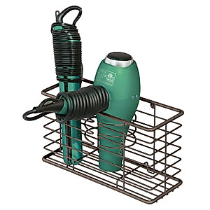 mDesign Steel Wall Mount Hair Dryer Storage Organizer - Hair Styling Tool Basket for Bathroom and Bedroom - Holds Hair Dryer, Flat Iron, Curling Wand, Hair Straightener - Linelle Collection - Bronze