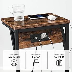 HOOBRO C-Shaped End Table with Charging Station, Narrow Sofa Side Table for Small Space, Industrial Bedside Table with Metal Frame for Study, Living Room, Bedroom, Couch, Rustic Brown BF06USF01