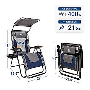Coastrail Outdoor Premium Zero Gravity Reclining Lounge Chair with Sun Shade, Padded Seat, Cool Mesh Back, Pillow, Cup Holder & Side Table for Sports Yard Patio Lawn Camping, Support 400lbs Navy&Grey