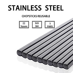 Metal Chopsticks Reusable Titanium Plated Stainless Steel Chopsticks Japanese Korean Chopsticks for Food & Cooking 9.5Inch Non-Slip for Beginners Square Laser Chopsticks 5 pairs Gift Set