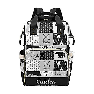 Forest Bear Black White Personalized Diaper Backpack with Name,Custom Travel DayPack for Nappy Mommy Nursing Baby Bag One Size