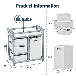 FIZZEEY Changing Table - Baby Changing Table, Diaper Changing Table, Changing Table Station Dresser with Laundry Hamper, 3 Drawer Basket and Changing Pad, Grey