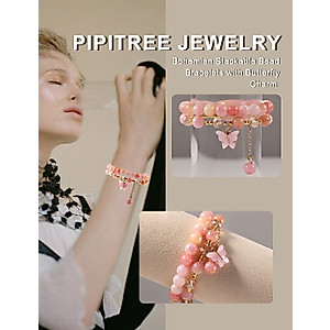 PIPITREE 10Pcs Beaded Crystal Bracelets for Women, Bohemian Stackable Bead Bracelets with Butterfly Charm Multilayered Bracelet Pack Handmade Jewelry
