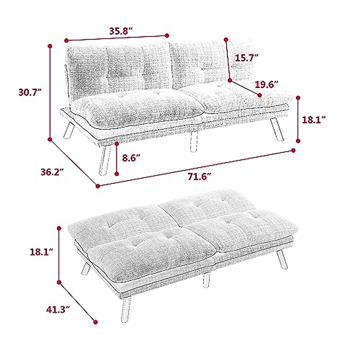Futon Sofa Bed,Modern Convertible Sofa Bed,Folding Loveseat Sleeper Sofa,Breathable Futon Couch Bed with Adjustable Backrest&Metal Legs for Compact Small Spaces, Apartment,Dorm,Office (Creamy White)