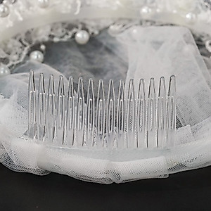 Lystaii Girls Bowknot Rhinestone Flower Veil Girls First Holy Communion Headband Hair Wreath Floral Crown Pearls Crystal Lace Headpiece Veil with Comb White for Wedding Party