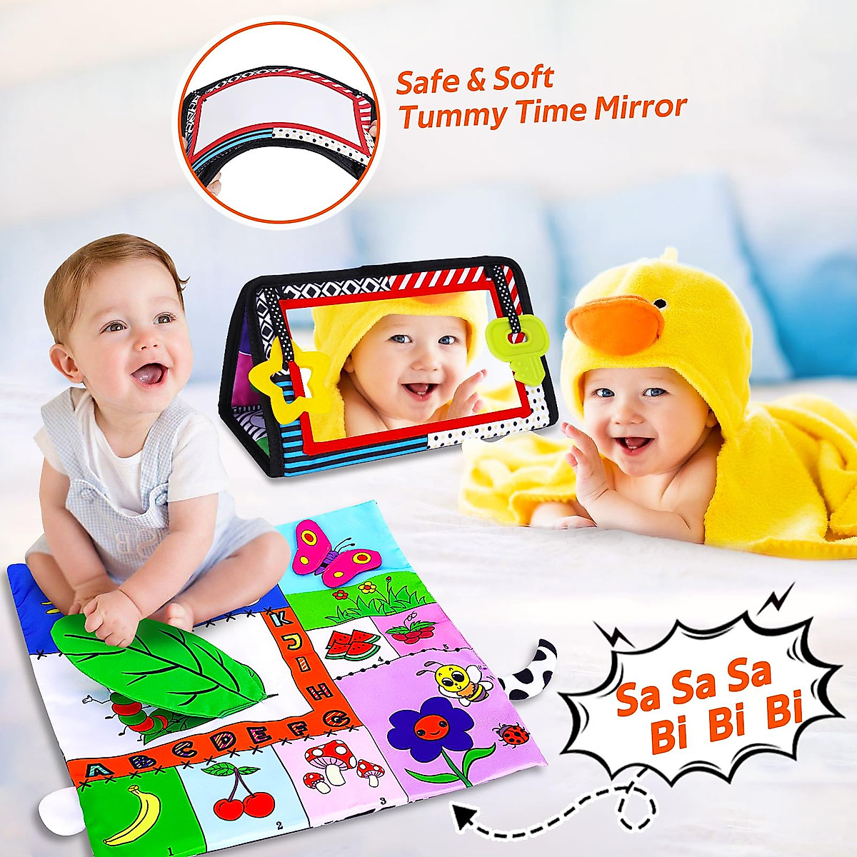 Tummy Time Mirror Baby Toys 3-6 Months Infant Newborn Toys 0-3 Months Brain Development Montessori Sensory Crinkle Toys Teether Black and White High Contrast Baby Toys 0-6 6-12 Month Boy Girl Gifts