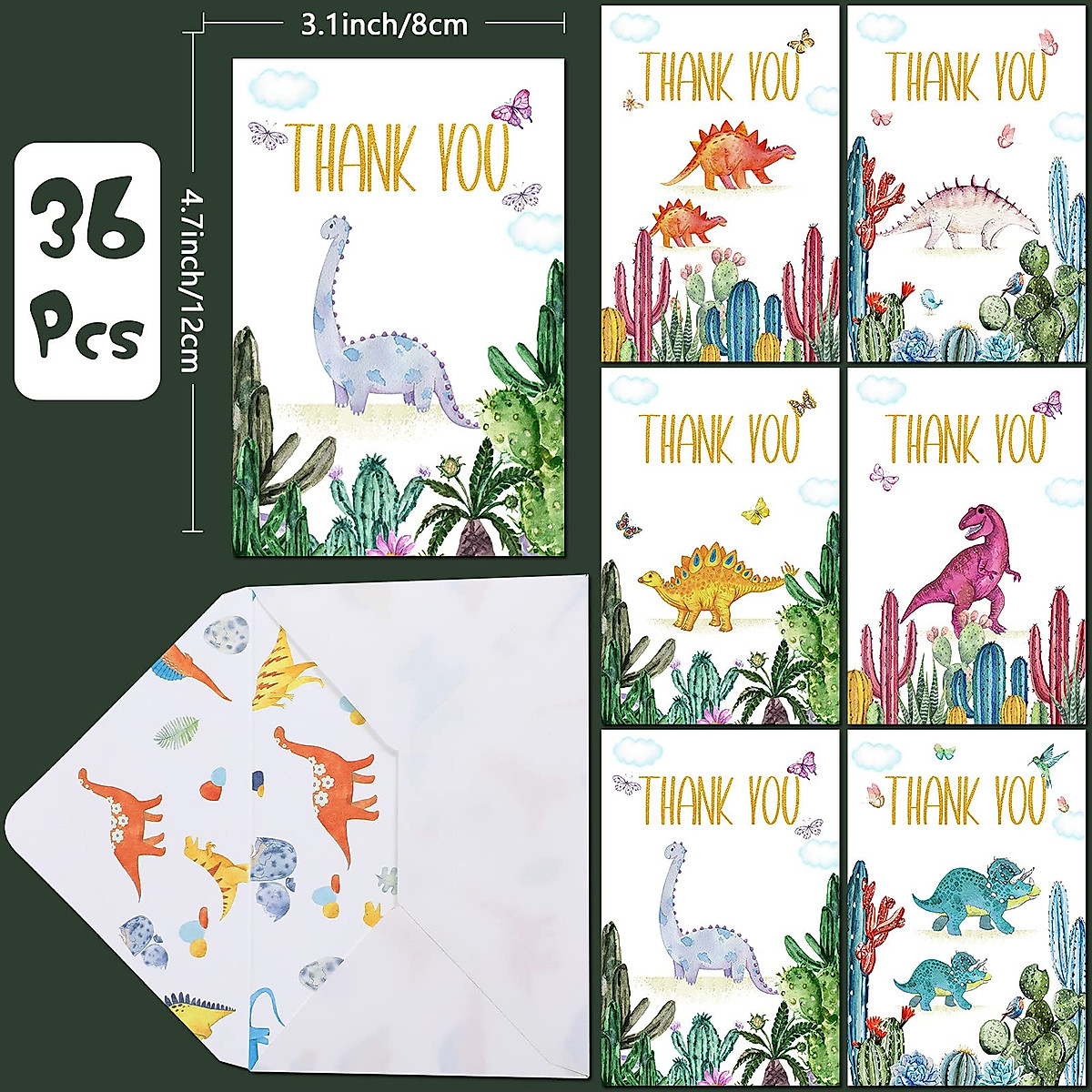 72 Pcs Dinosaur Thank You Cards Includes 36 Pieces Dinosaur Envelopes and 36 Pieces Cactus Dino Thank You Cards Watercolor Dino Blank Notes for Baby Shower kids Birthday Party