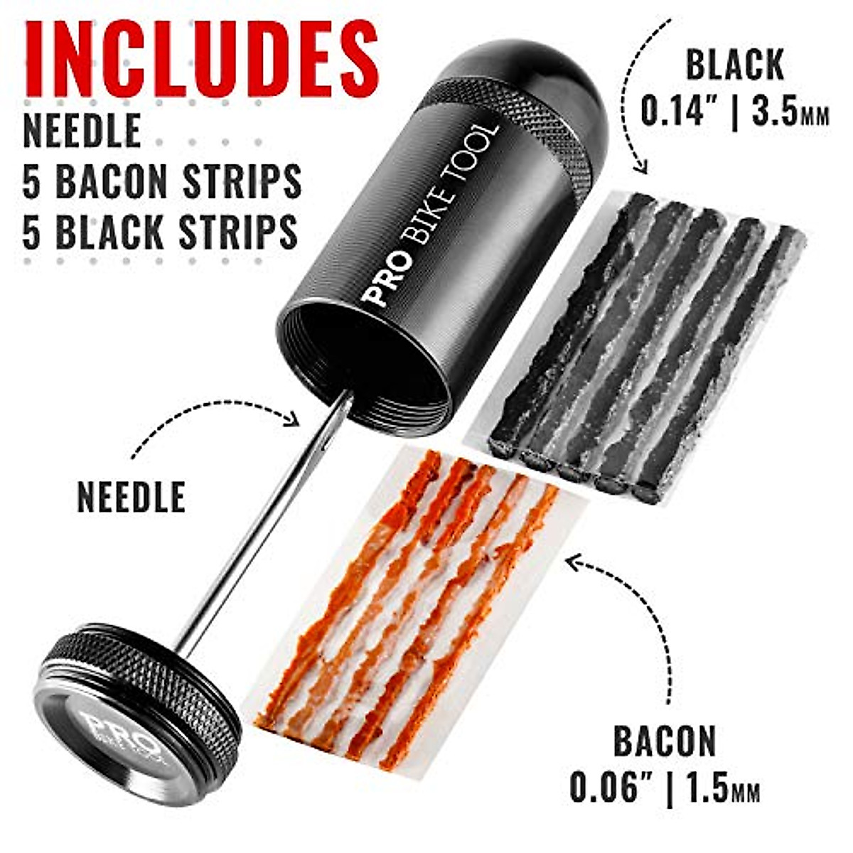 PRO BIKE TOOL Tubeless Bike Tire Repair Kit – for MTB and Road Bicycle Tires – Fix a Puncture or Flat, Fast – Tackle Set Includes Storage Canister, Plugger Tool and Plugs - 5 Bacon and 5 Black Strips