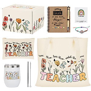 Teacher Appreciation Gifts for Women - 12oz Tumbler, Canvas Tote, Notebook & Pen Set for Christmas/Birthday/Retirement - Perfect for Preschool, Science, English Teachers (Students/Parents Gift Idea)