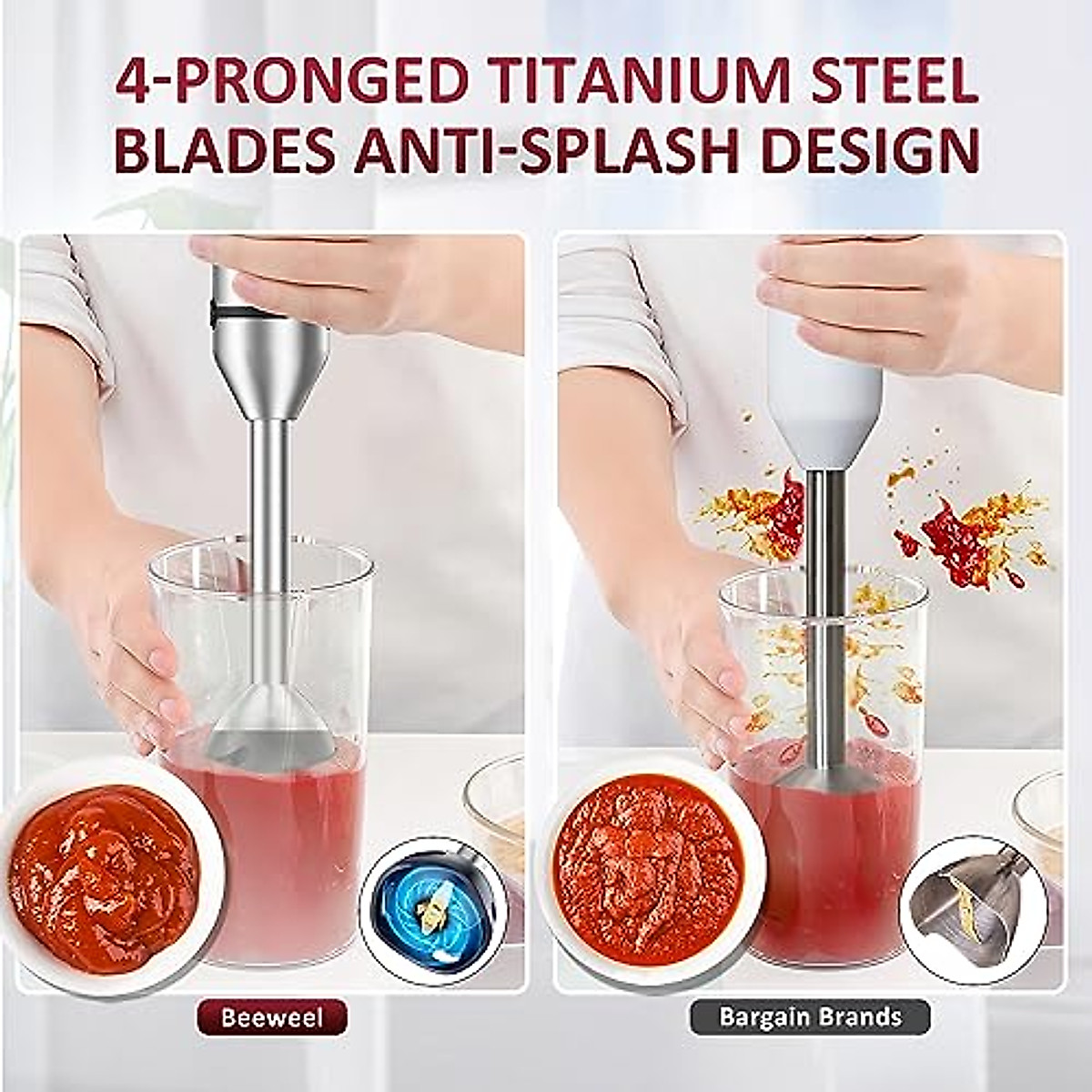 BEEWEEL Immersion Blender Handheld - 800 Watts Scratch Resistant Hand Blender, 15 Variable Speeds & Turbo Hand Mixer, 3-in-1 Heavy Duty Copper Motor Handheld Blender with Egg Whisk and Chopper